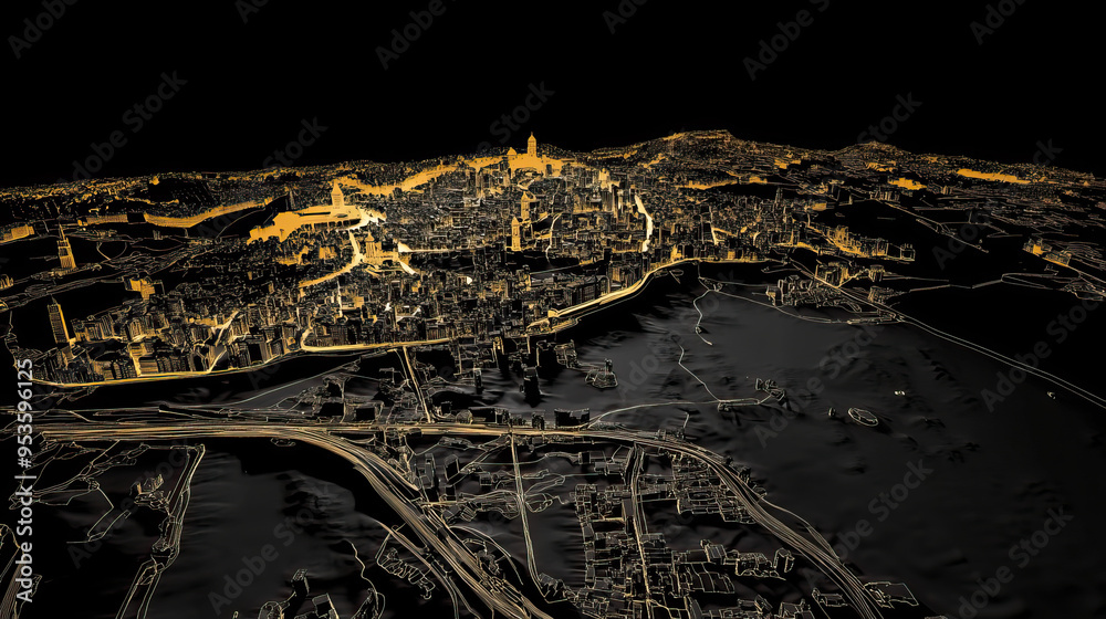 Technical aerial visual, 3D LiDAR GIS aerial map satellite scan model ...