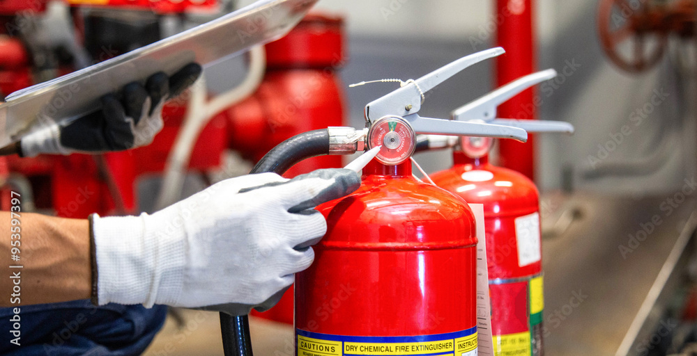 Engineer are checking and inspection a fire extinguishers tank in the ...