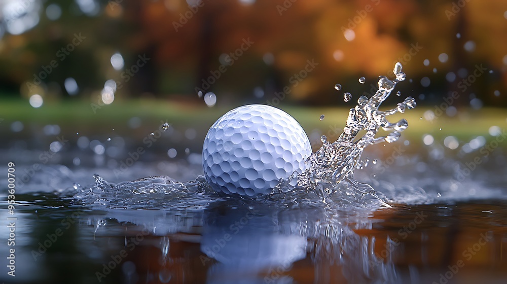 A golf ball splashing into a pond of water, creating a water fountain ...