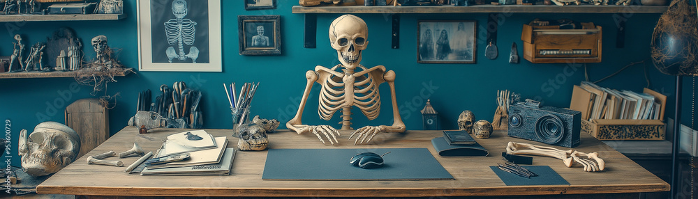 Desk with skeleton-themed items such as a skeleton mouse, bone-shaped ...