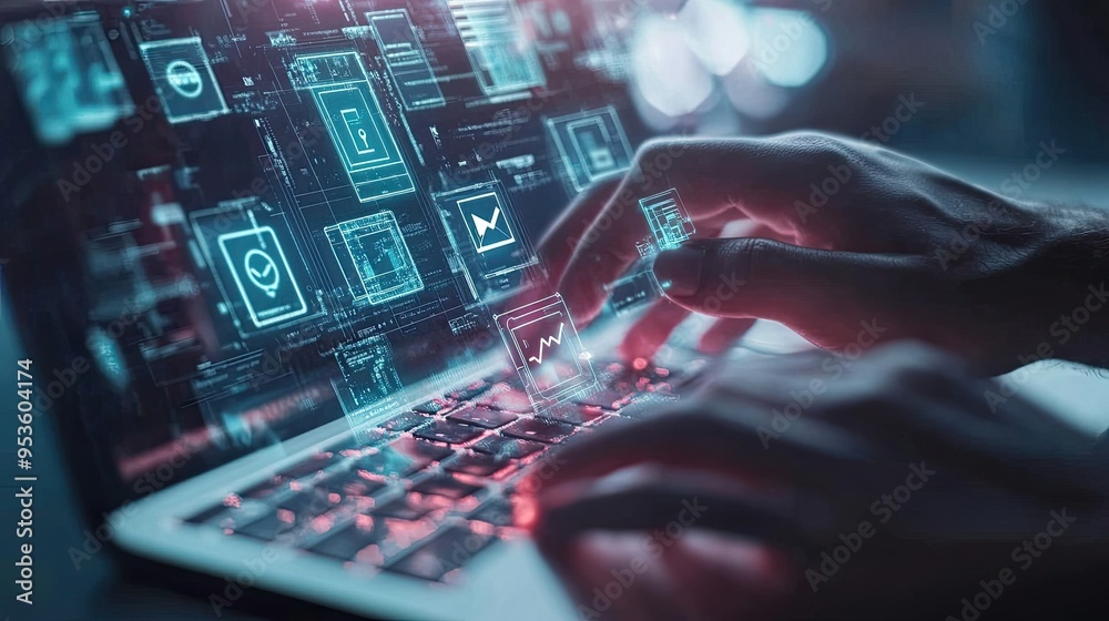 Hands Typing On A Laptop Keyboard With A Glowing Cybersecurity Interface And Digital Protection
