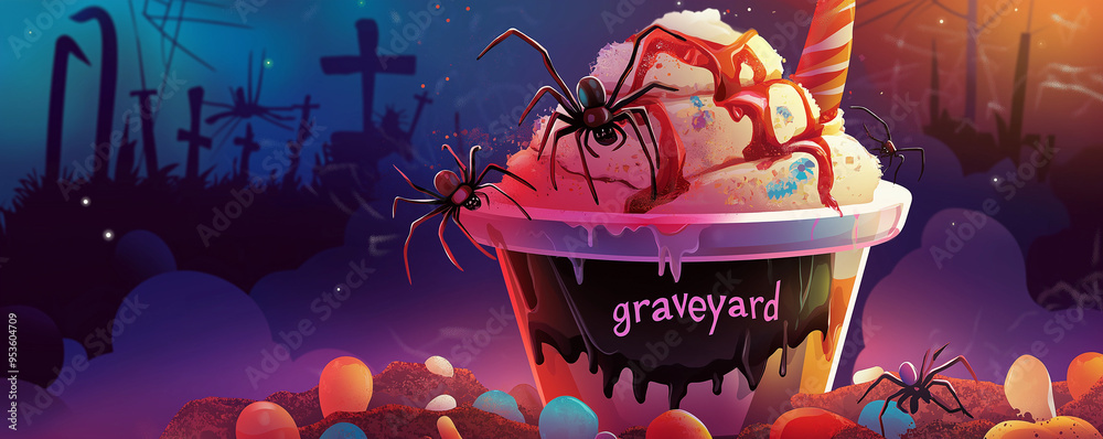 Ice cream sundae featuring gummy worms and candy spiders, with a ...