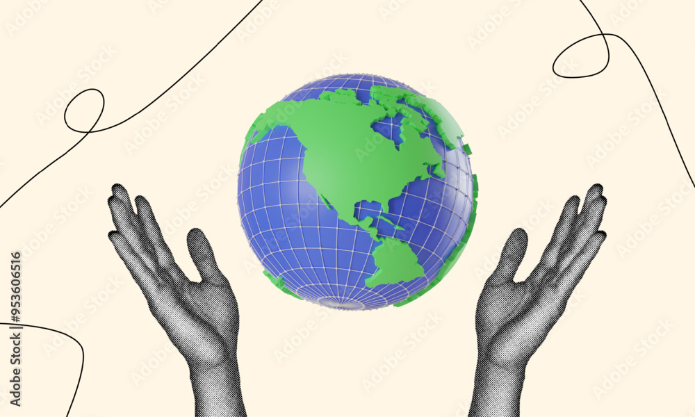 halftone collage, Global care concept, Hands reaching toward a globe ...