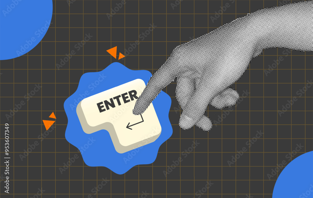 halftone collage, Hand pressing the Enter key in a vintage pop-art ...