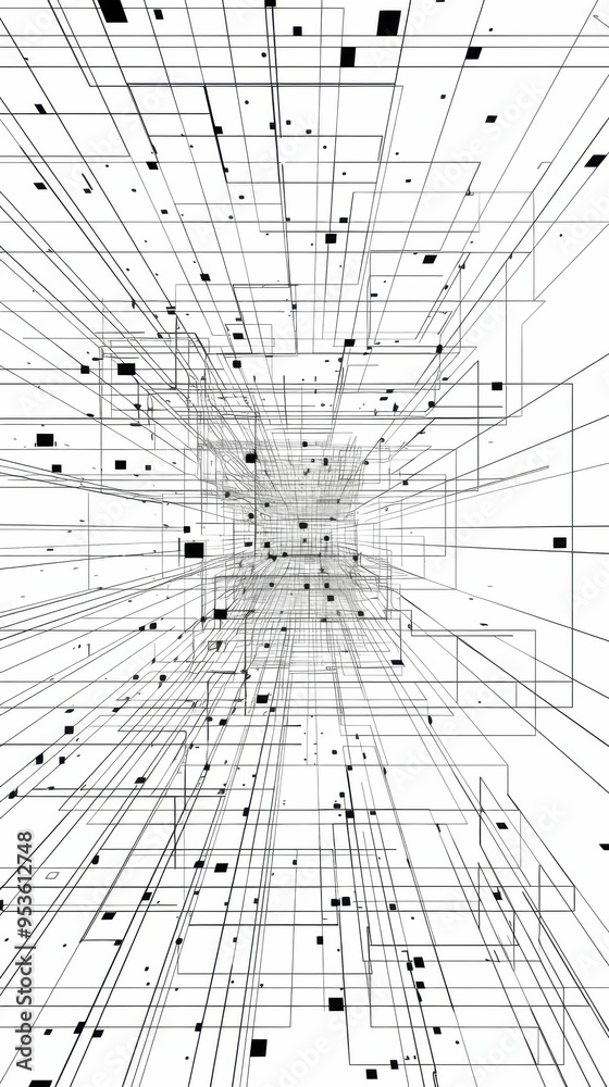 Black and white line drawing of a geometrical grid in one-point ...