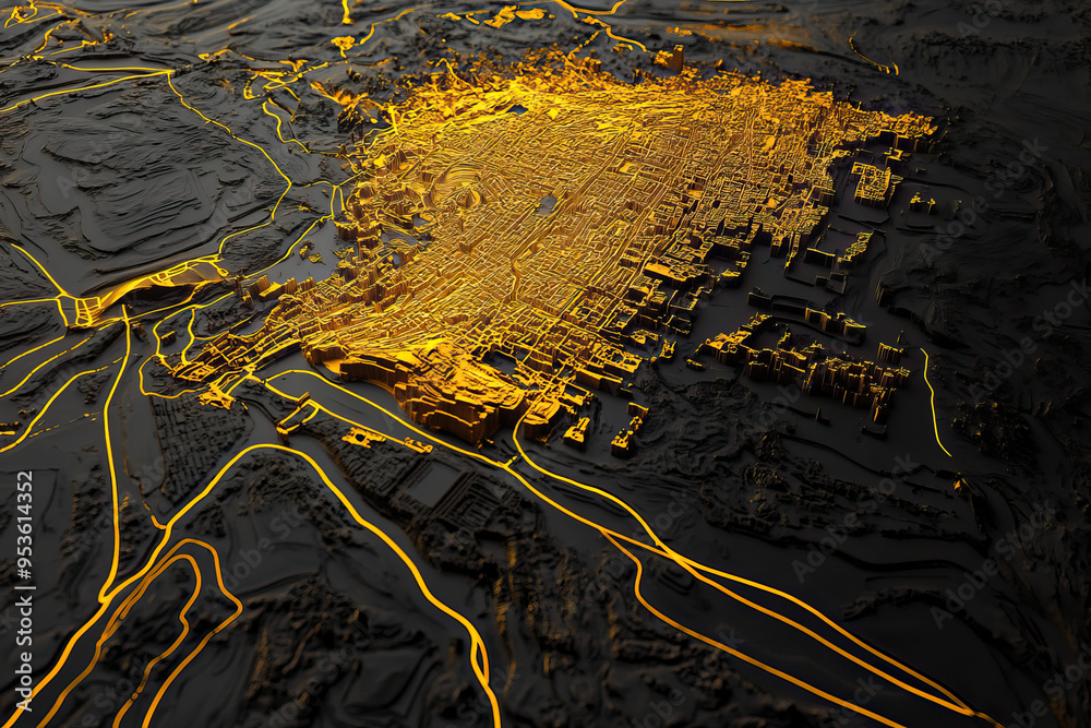 Technical aerial visual, 3D LiDAR GIS aerial map satellite scan model ...