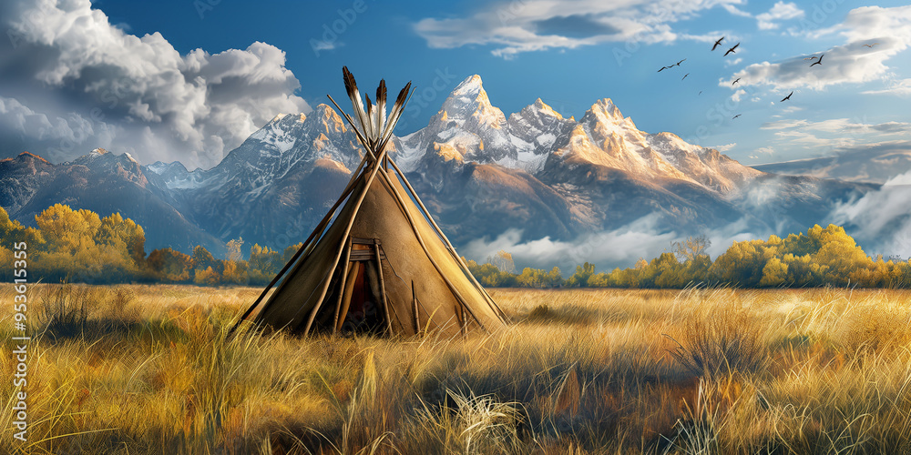 Traditional Native American tipi is set against a backdrop of mountains ...