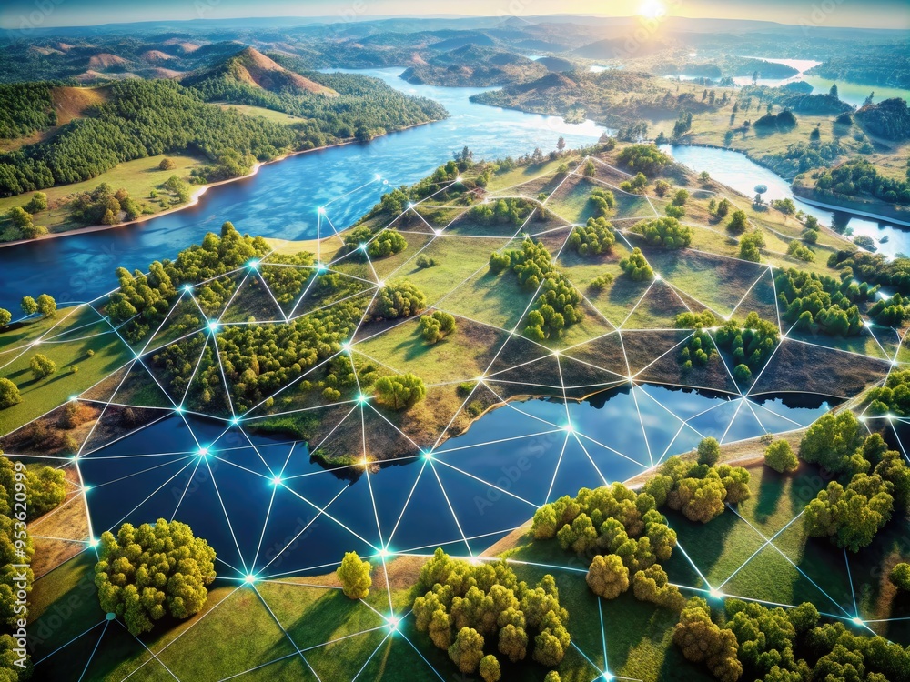 Aerial view of a digital landscape with polygon shapes and nodes ...