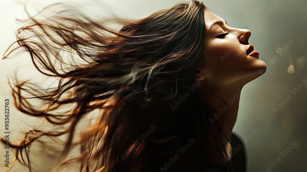 Artistic shot of a long-haired woman in motion, her hair trailing in ...