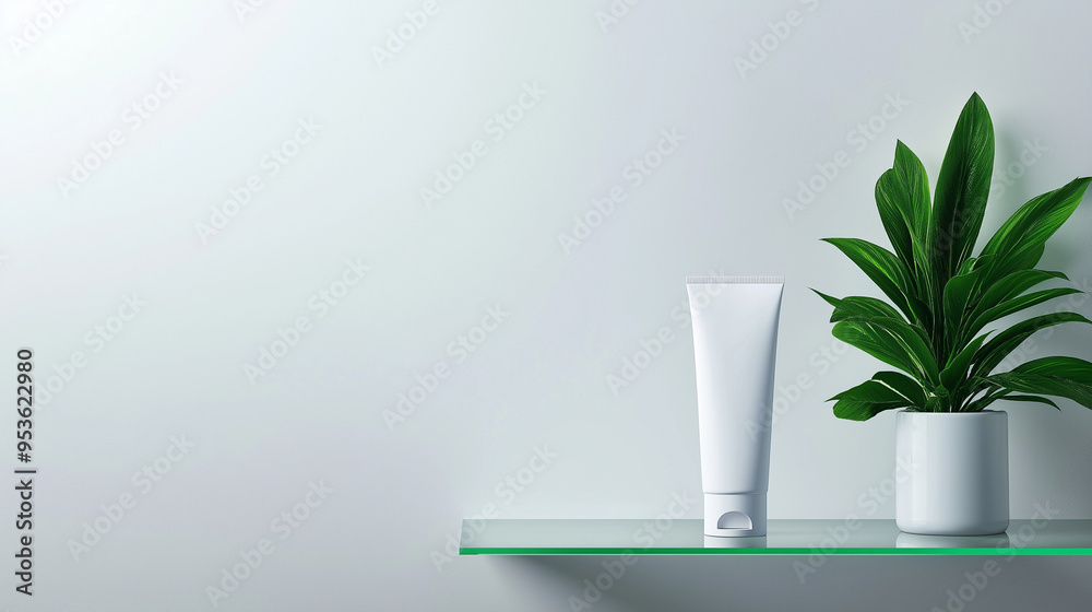A plain toothpaste tube mock-up sitting on a modern glass shelf in a ...