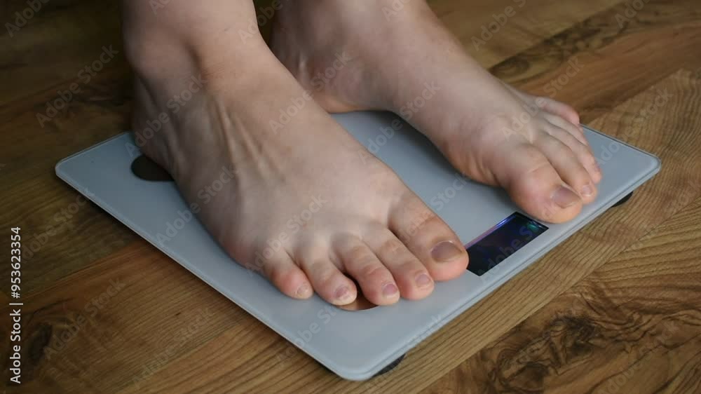 Woman's feet on scales. A woman steps on the scale barefoot. Scales on ...