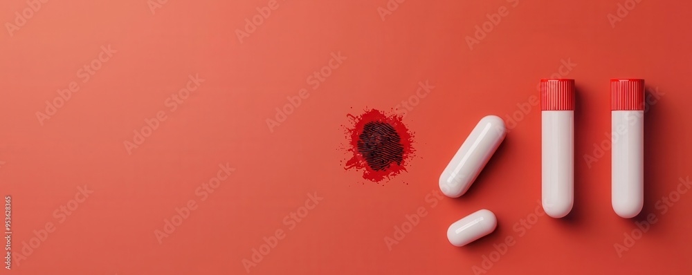Forensic evidence marker next to a bloodstain and fingerprint, crime ...