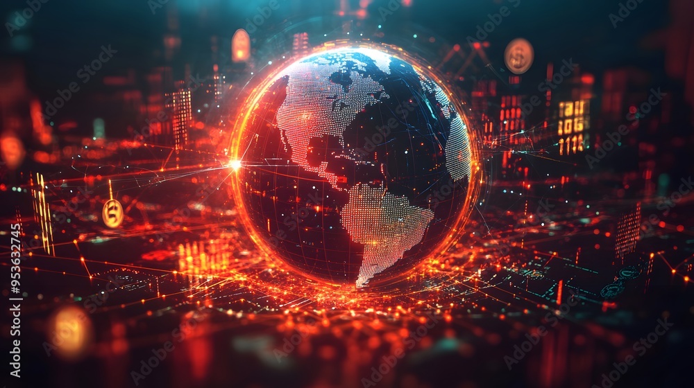 Globalization: A globe surrounded by currency symbols and digital ...