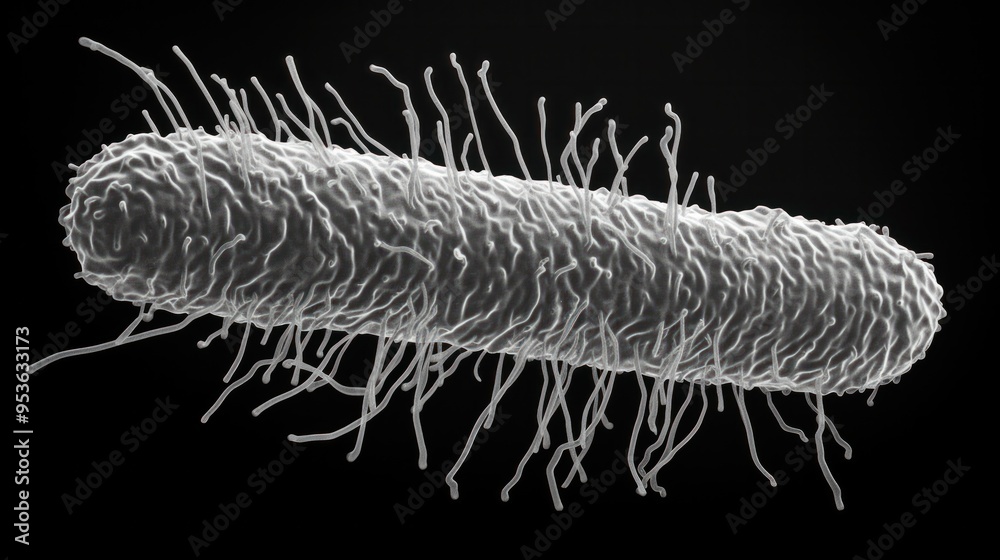 A highly detailed scanning electron microscope (SEM) image of a E. coli bacterium, showcasing ...