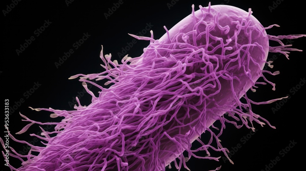 A highly detailed scanning electron microscope (SEM) image of a E. coli ...