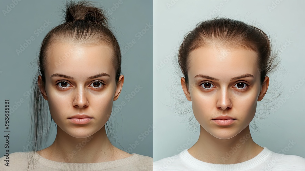Comparison photo set of a woman with a receding hairline showing ...