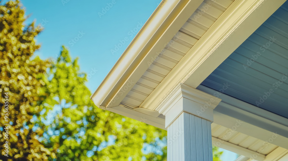 Vinyl soffit fascia and eavestrough installed on a building with blue ...