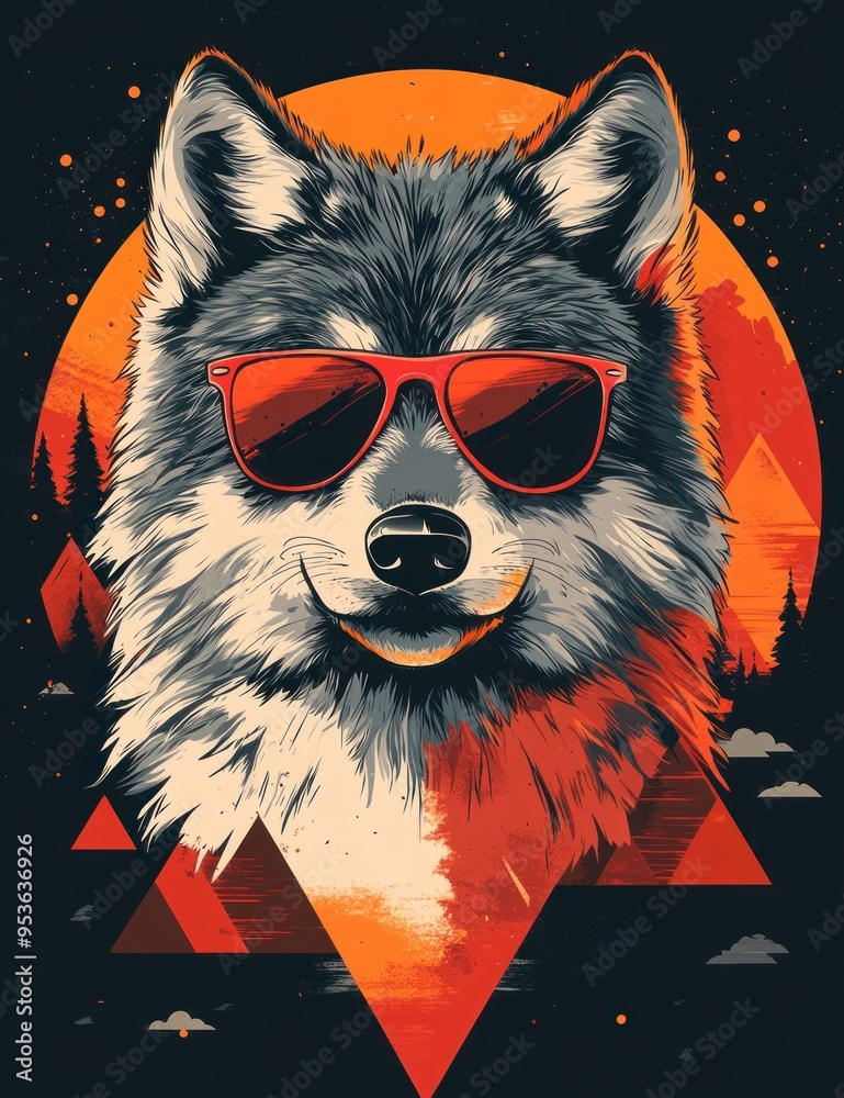 happy wolf face with sunglasses, in a retro neon color palette and ...