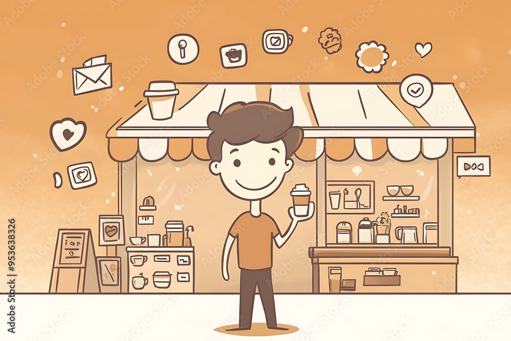 Happy Stick Figure Man at Coffee Shop with Drink and Social Media Icons ...