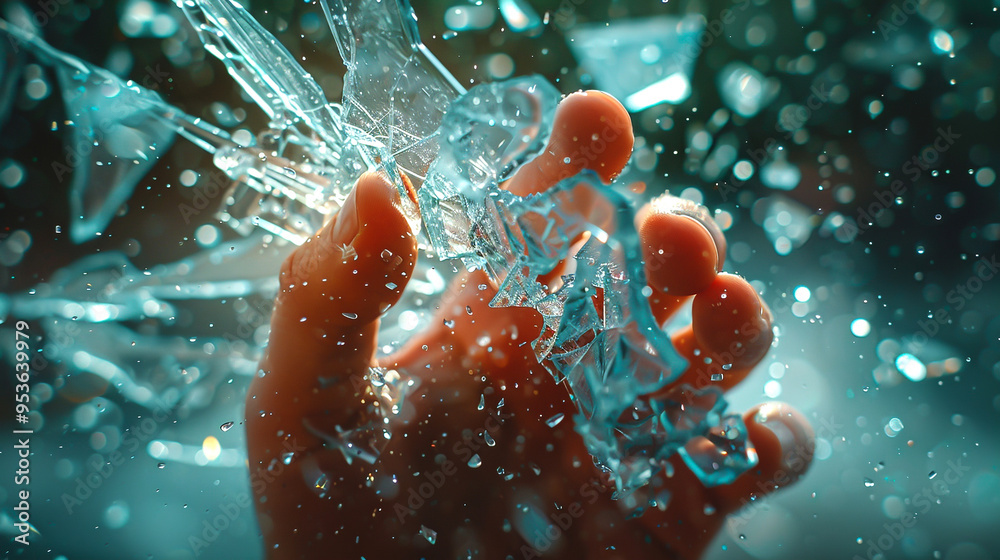 Closeup of a hand smashing a glass object, destruction theme, front ...