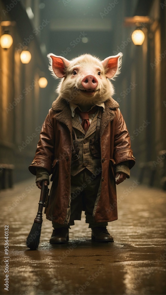 A menacing humanoid pig, clad in a long brown coat over a light grey ...