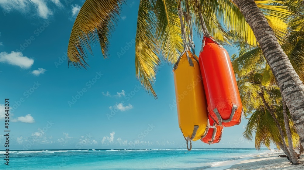 Emergency rescue equipment in the form of tubes, hanging from palm ...