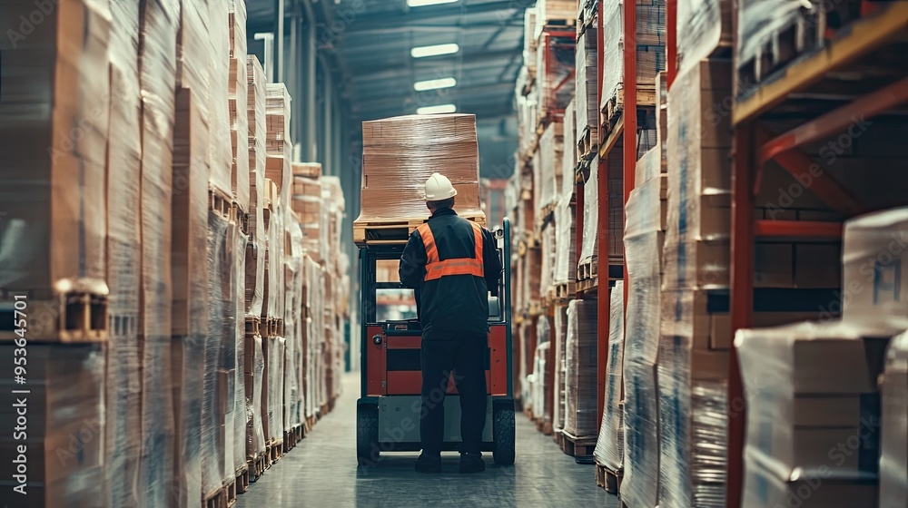 Image of a warehouse worker using a hand pallet truck to move products ...