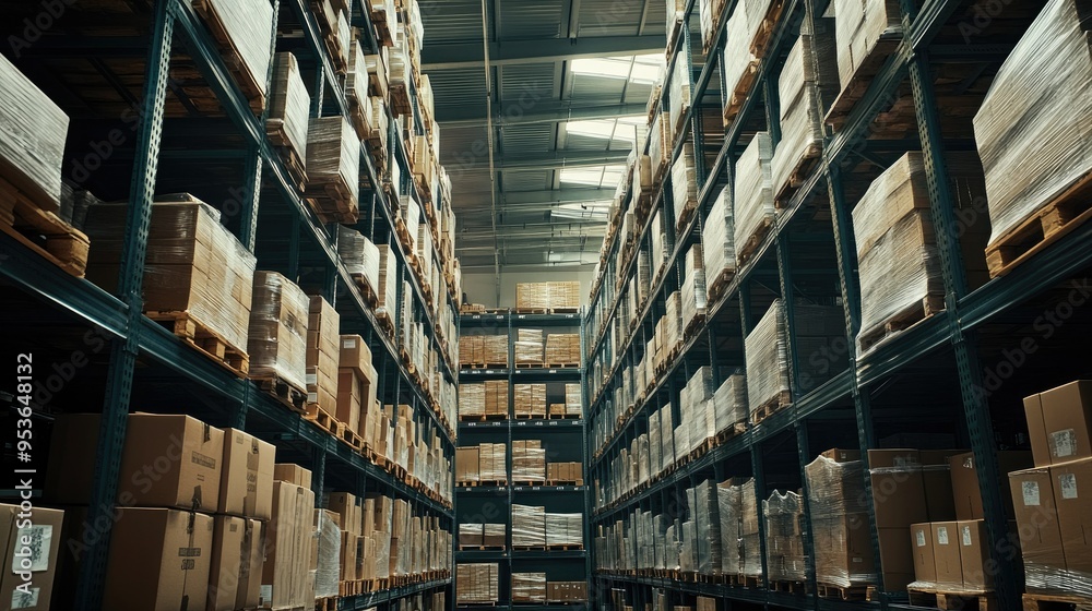 Interior of a logistics warehouse showing multiple levels of stored ...