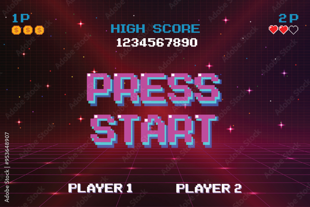 PRESS START. pixel art .8 bit game. retro game. for game assets .Retro ...