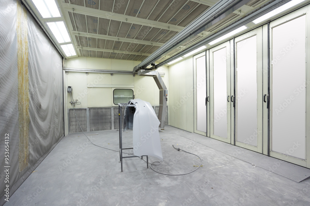 Back ground and banner Empty car paint boot repair garage. Car service ...