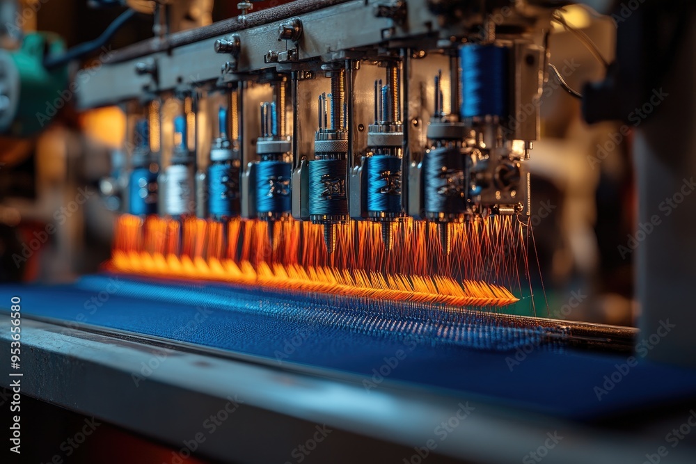 Industrial sewing machine with thread. Close-up of an industrial sewing ...
