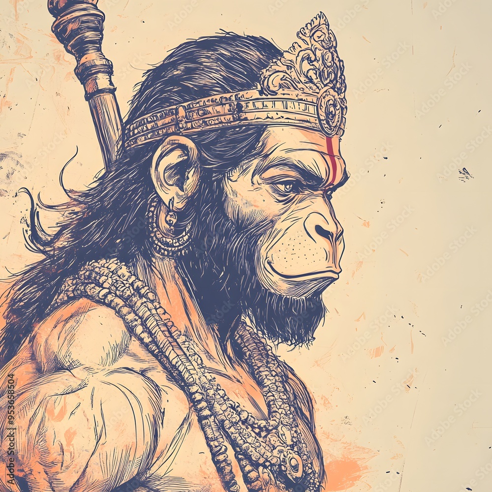 A detailed illustration of Hanuman, a Hindu deity depicted as a monkey ...