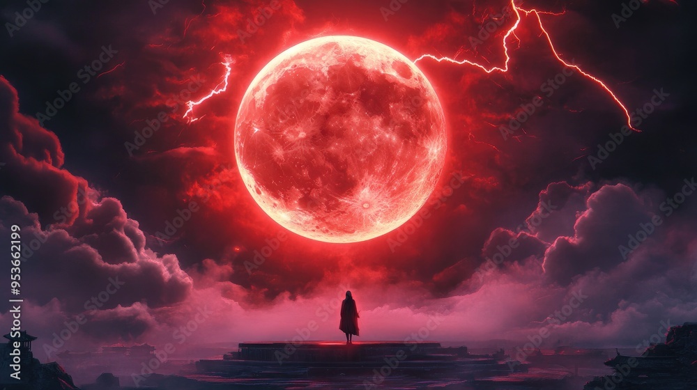 The blood moon rises over a spiritual stage, a Japanese singer at the ...
