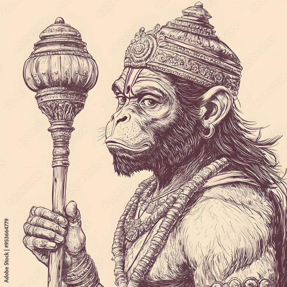 Detailed illustration of the Hindu god Hanuman, holding a gada (mace ...