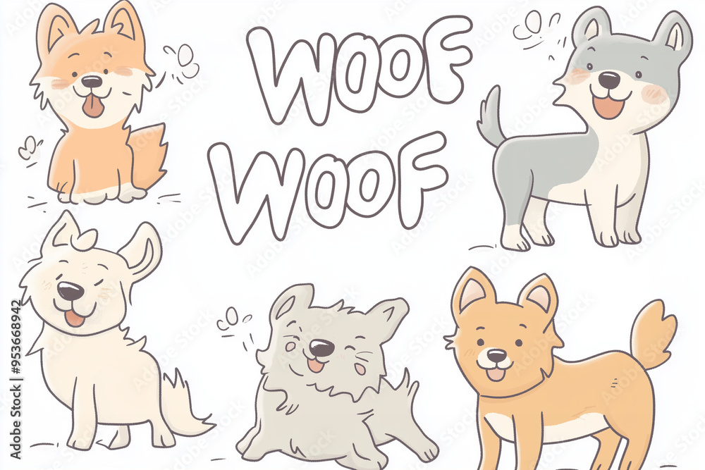 Simple cartoon illustrations of dogs in various poses and expressions ...