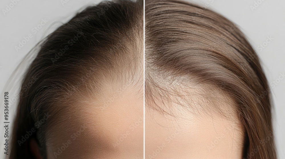 Side-by-side headshots of a woman showing noticeable receding hairline ...