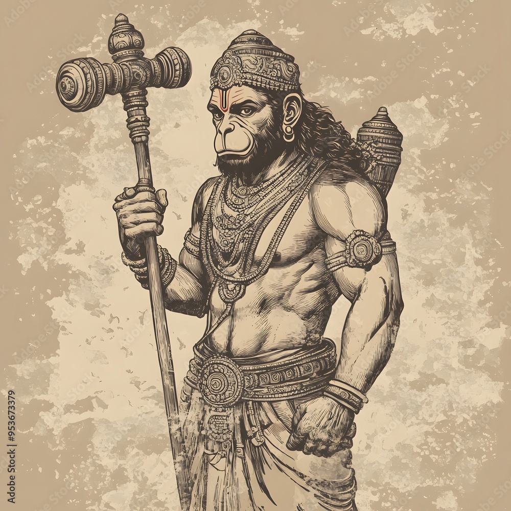 A digital illustration of the Hindu god Hanuman, depicted with a ...
