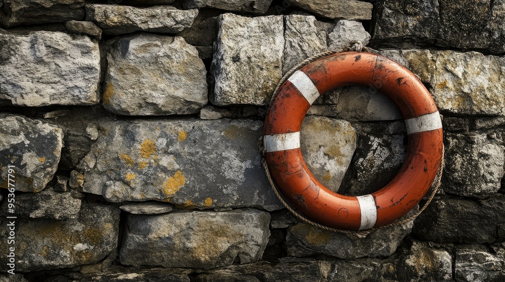 Vintage life ring fixed to a stone wall, capturing the essence of ...