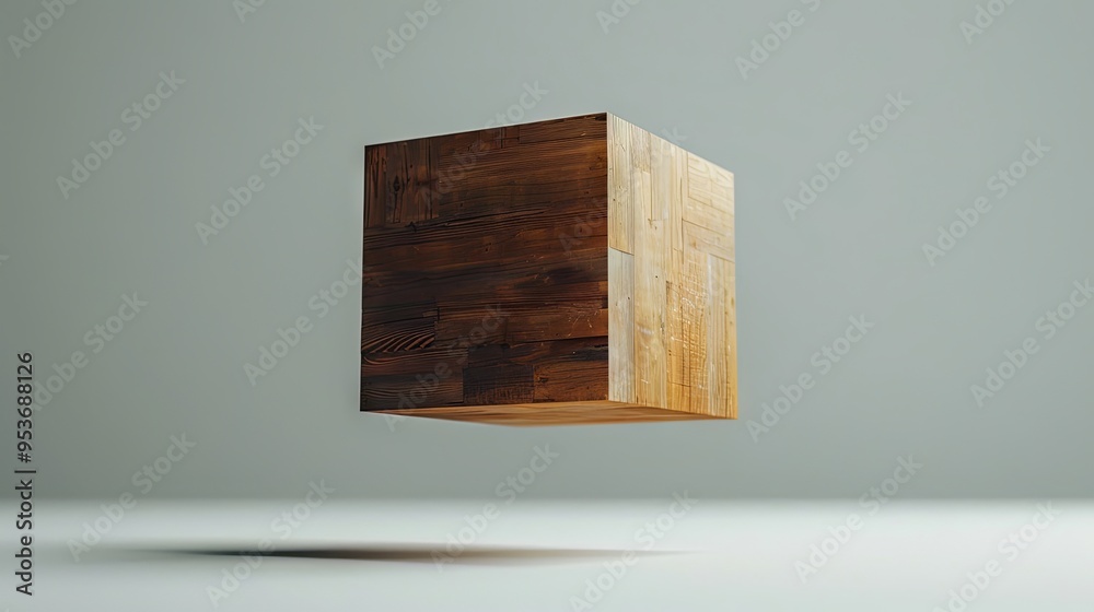 Abstract geometric real floating wooden cube on grey background and it ...