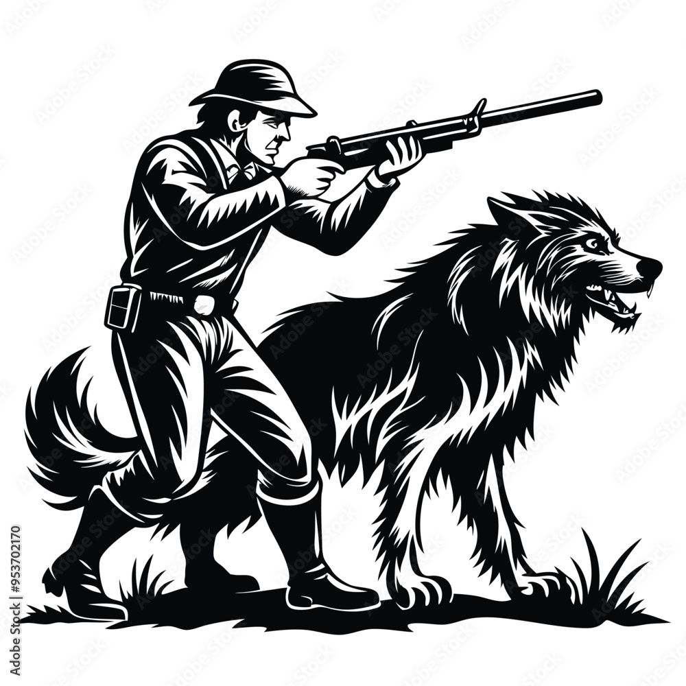 Hunter Shooting with Dog Beside Vector Illustration Silhouette, 2D ...