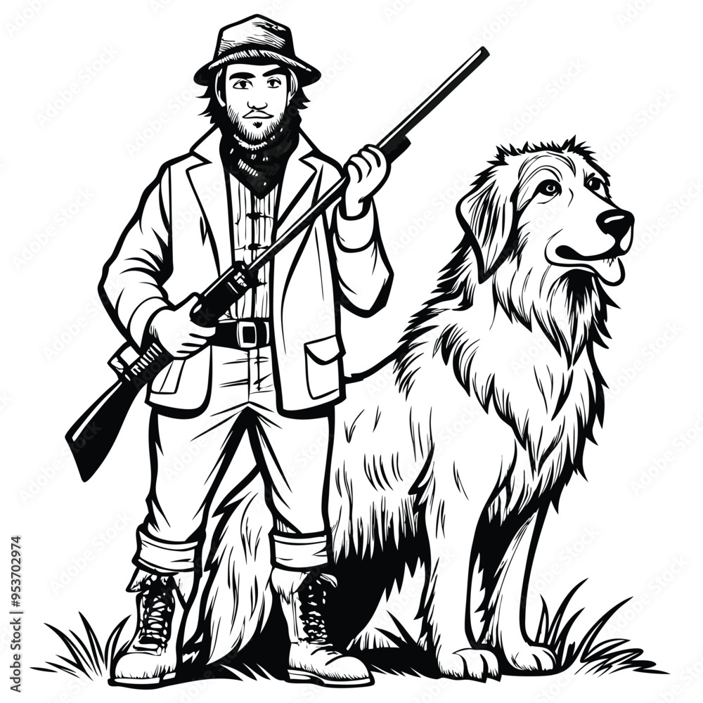 Hunter Shooting with Dog Beside Vector Illustration Silhouette, 2D ...