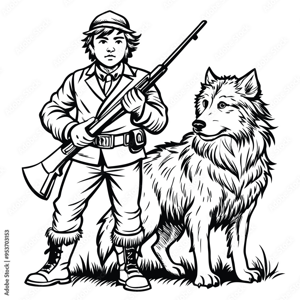 Hunter Shooting with Dog Beside Vector Illustration Silhouette, 2D ...