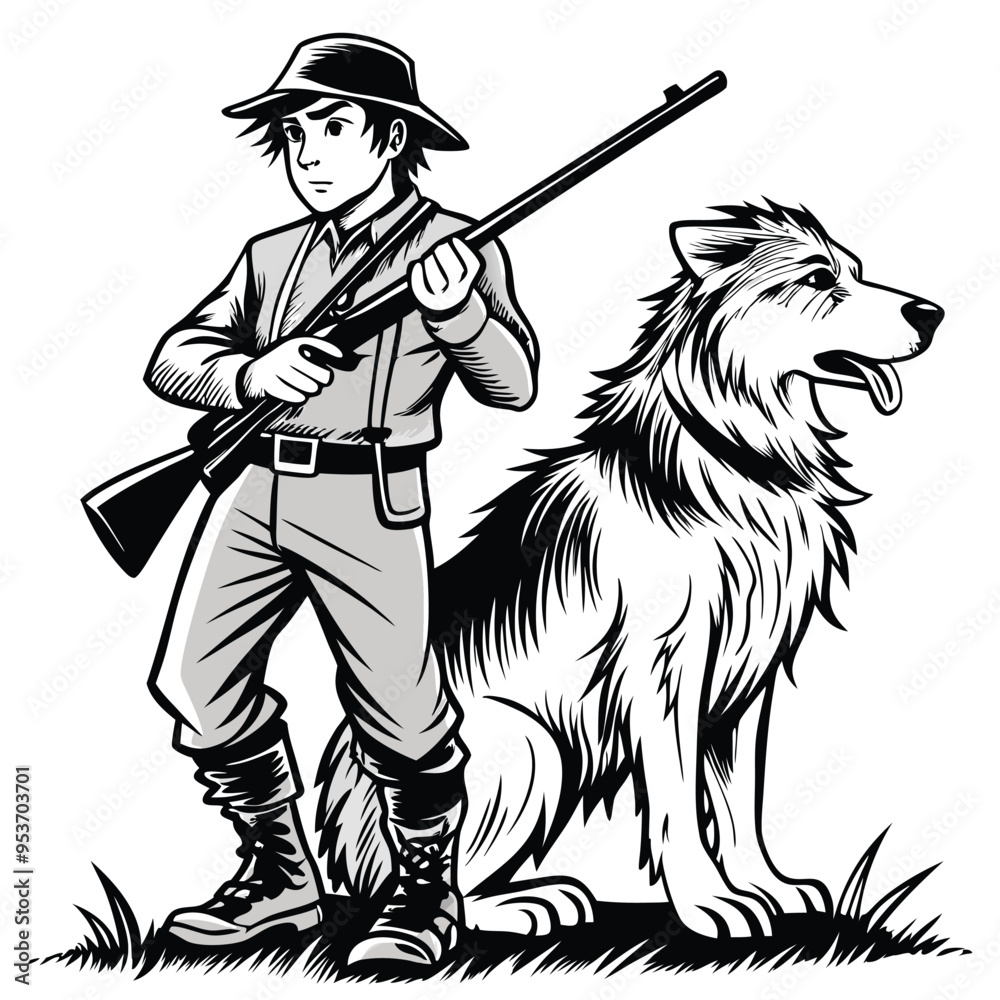 Hunter Shooting with Dog Beside Vector Illustration Silhouette, 2D ...