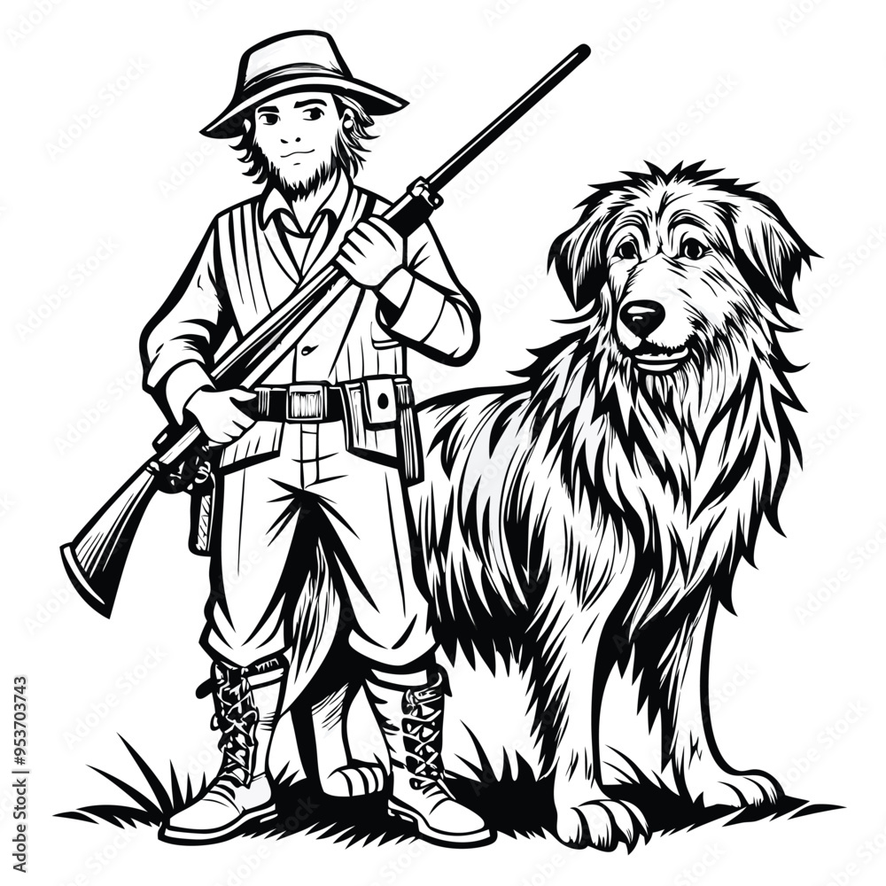 Hunter Shooting with Dog Beside Vector Illustration Silhouette, 2D ...