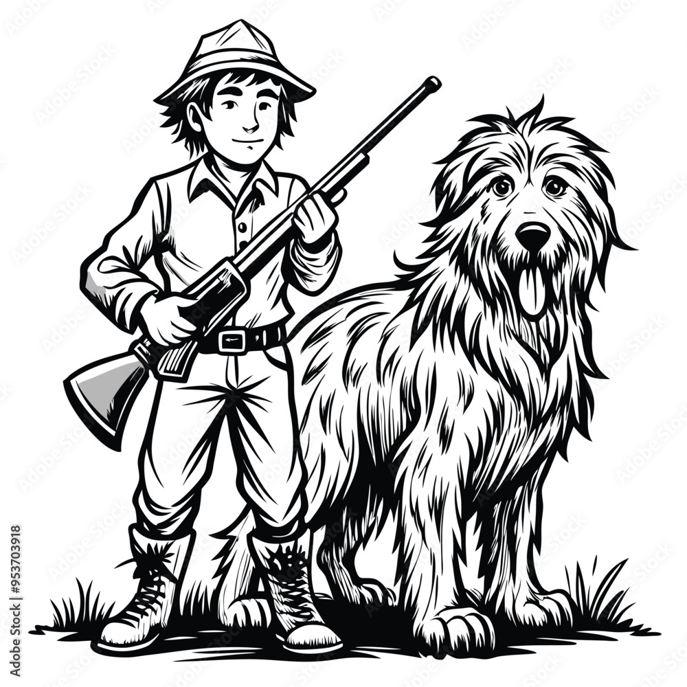 Hunter Shooting with Dog Beside Vector Illustration Silhouette, 2D ...