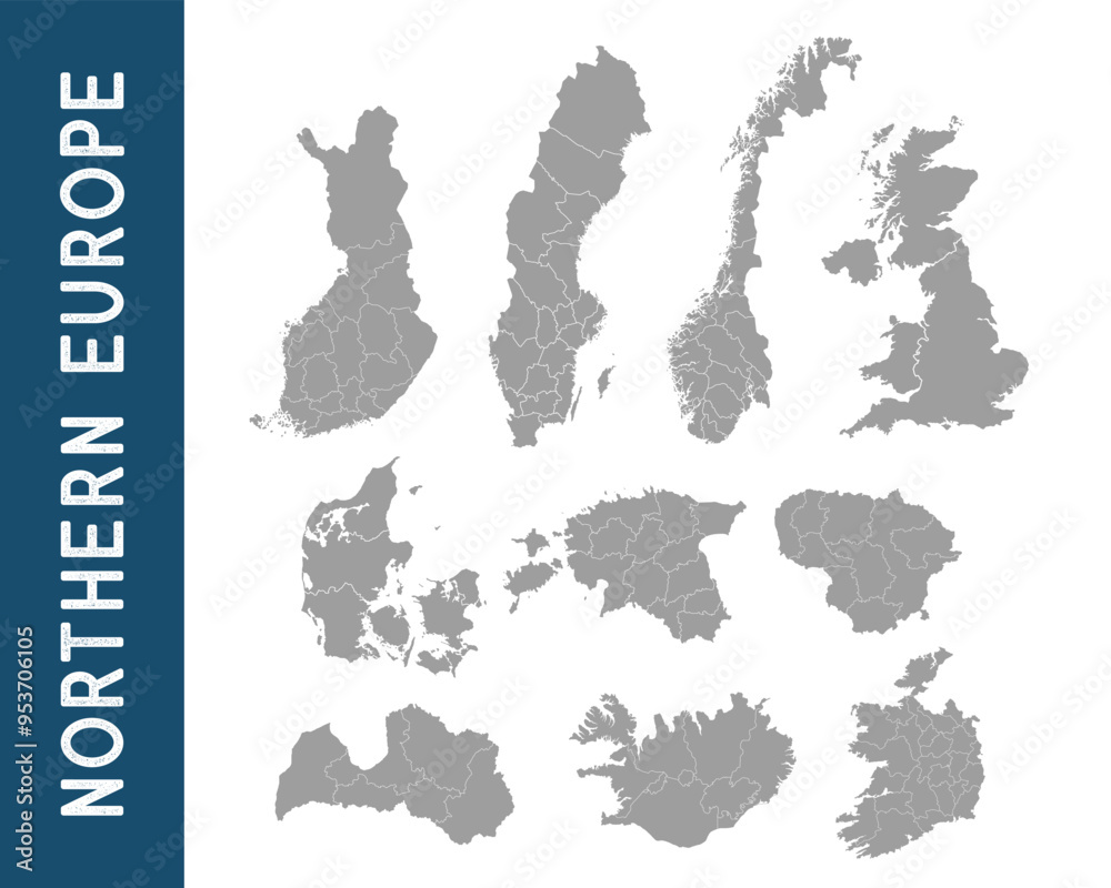 North Europe maps with regions isolated on a white background. Northern ...