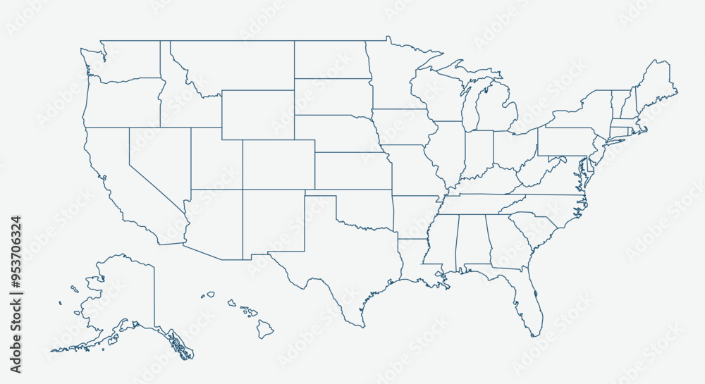 Outline USA map isolated on white background. United States of America ...