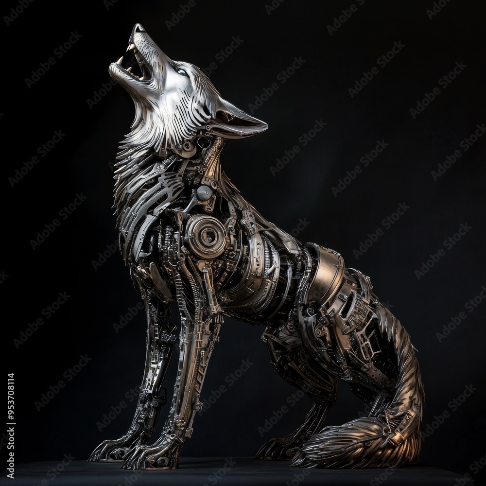 Hyper-detailed bas relief sculpture of a biomechanical wolf, its body a ...