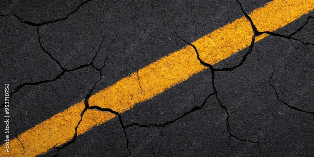 Concrete highway surface, texture, and yellow fractured lane markings ...