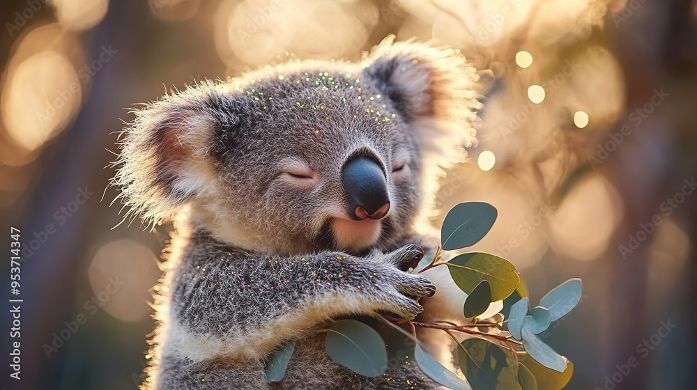 Koala Cub Hugging a Tiny Eucalyptus Branch with Sparkles: An Adorable ...